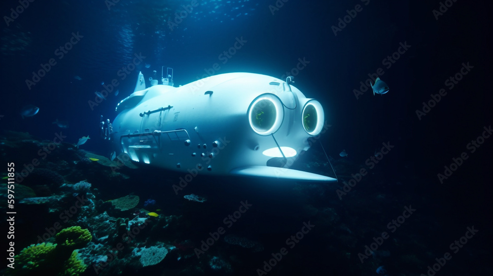 Deep ocean submarine researching sea. Diving to discovery, exploring ...