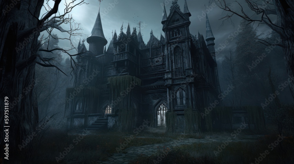 Gothic horror world with dark castle, crypts, and haunted forests Stock ...