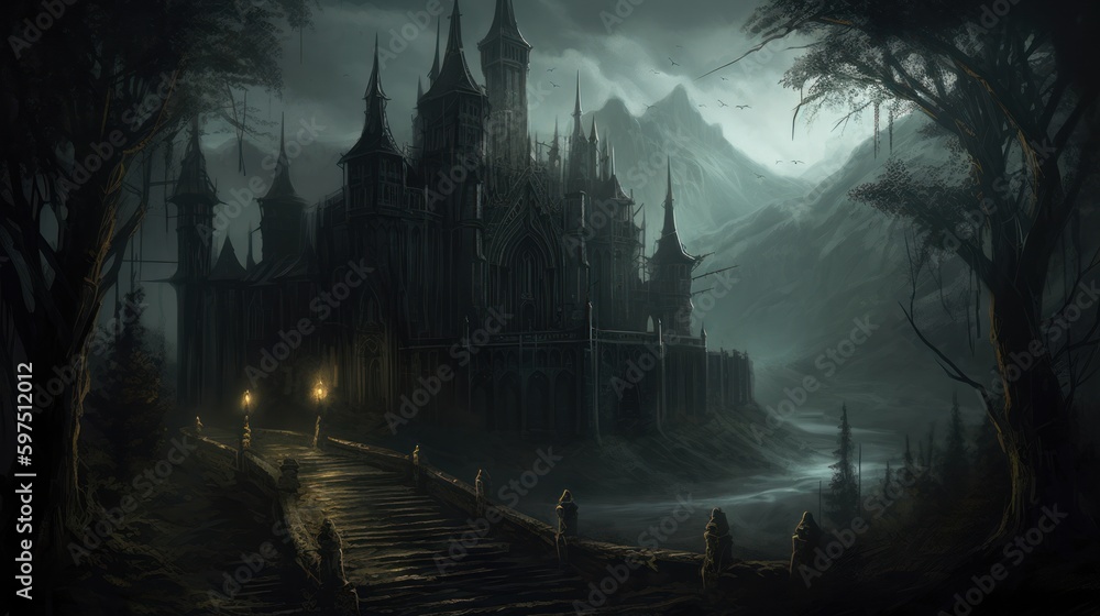Gothic horror world with dark castle, crypts, and haunted forests Stock ...