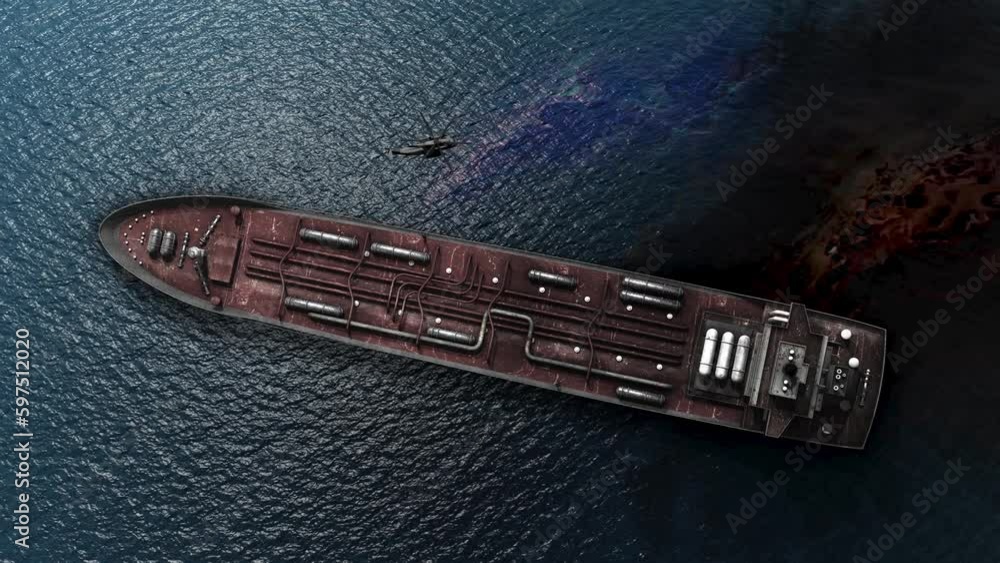 Oil Spills out from gas ship in the ocean with Helicopter, Aerial zoom ...