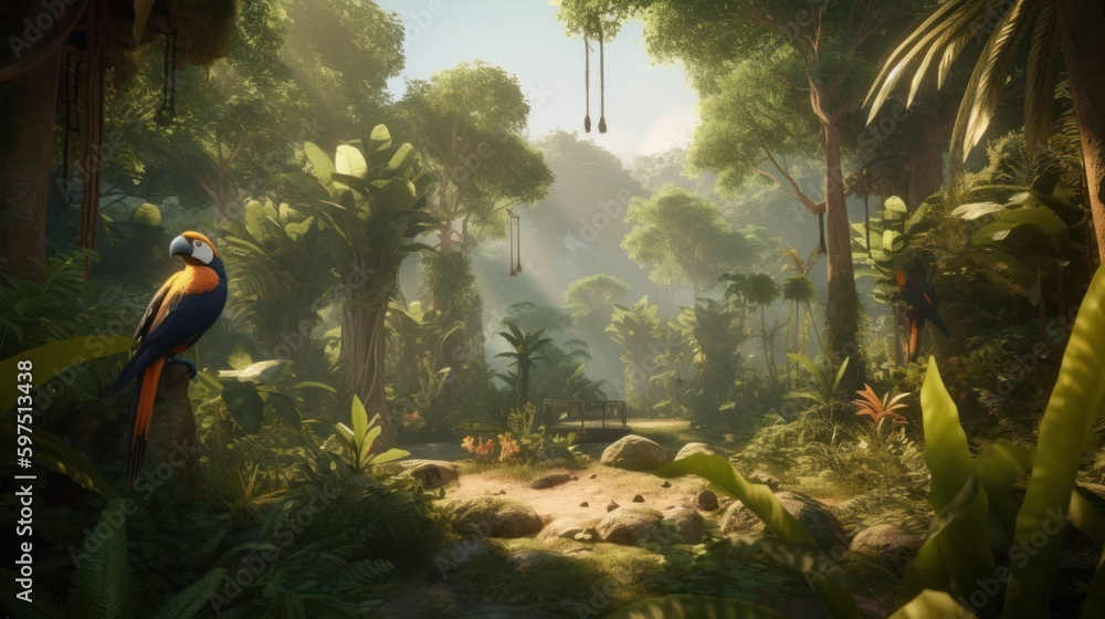 World inspired by the Amazon rainforest, with lush greenery, exotic ...