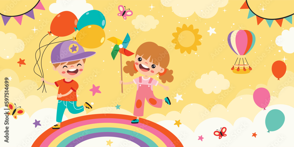 Happy Children On Sky Background Stock Vector | Adobe Stock