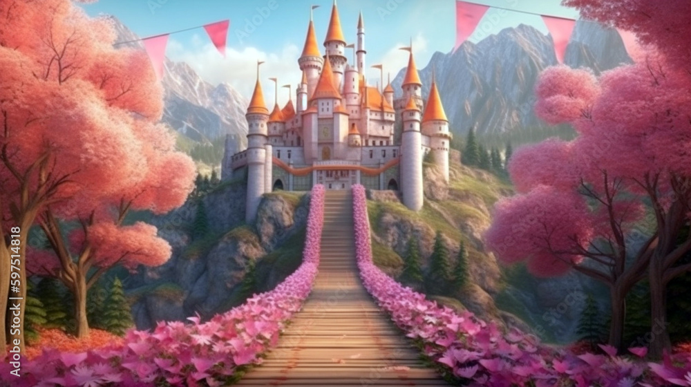 Fairy tale background with princess castle in the forest. Castle with ...