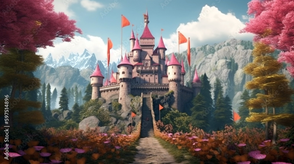 Fairy tale background with princess castle in the forest. Castle with ...