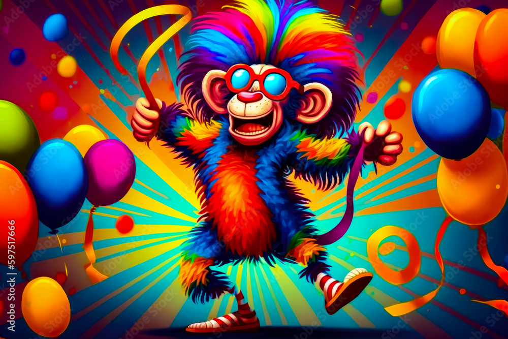 Colorful monkey dancing with balloons and streamers in the background ...