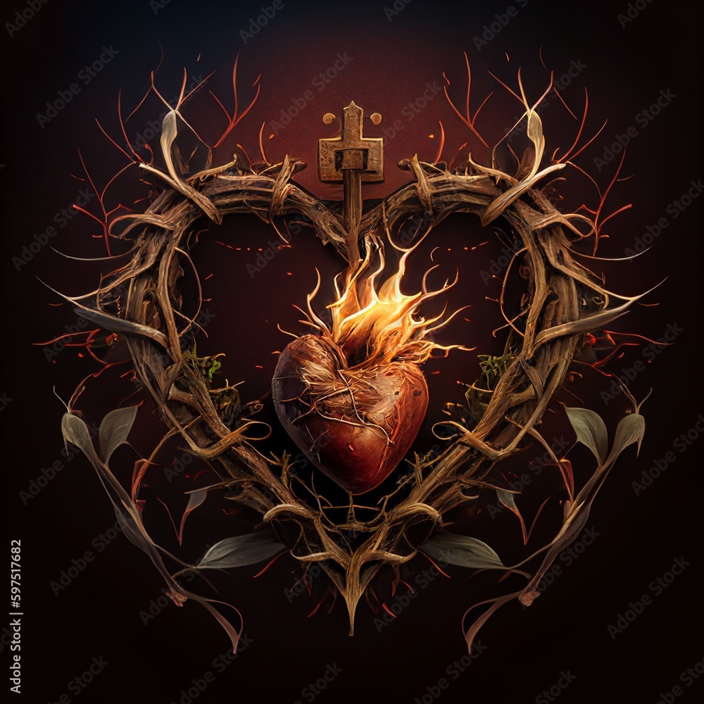 anatomically correct human heart with a ring of brown thorns horizontal ...