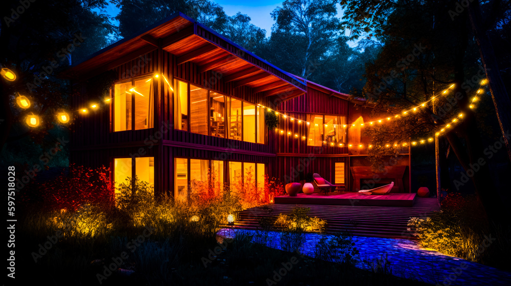 Lit up house in the woods at night with lights on the windows ...