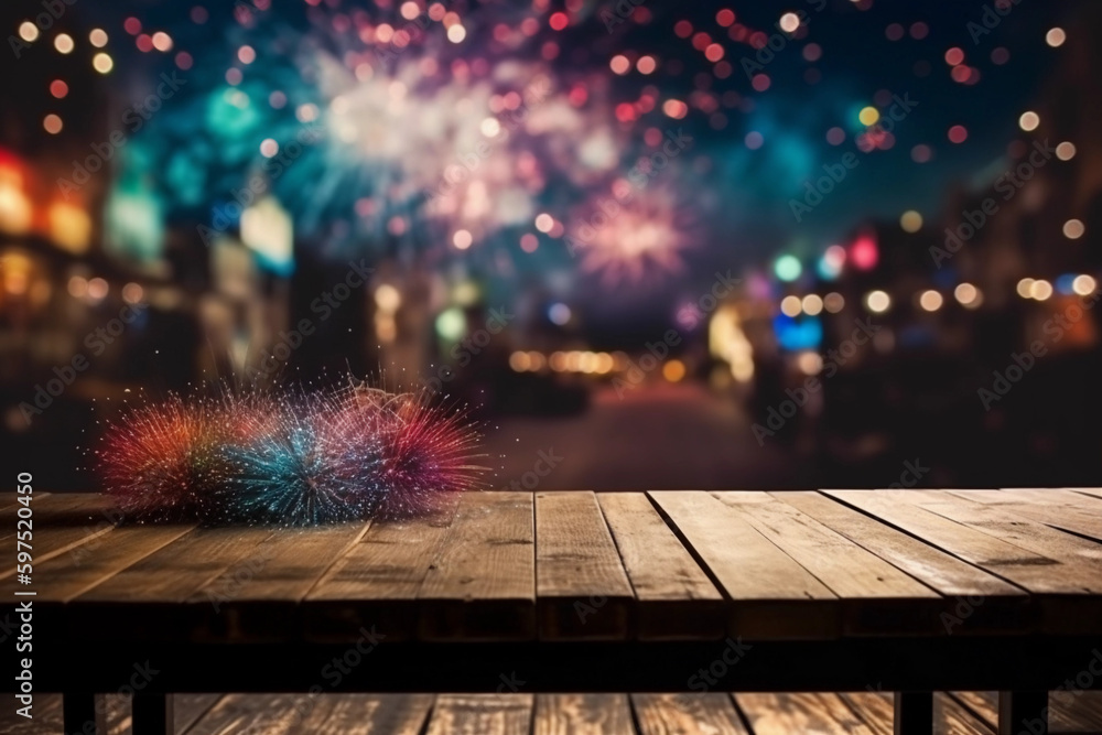 Colorful lights and fireworks with blurred background with empty wooden ...
