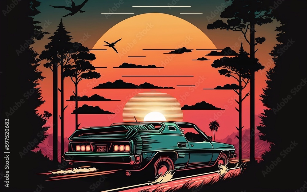 80s style illustration of a car driving into the sunset. Created with ...