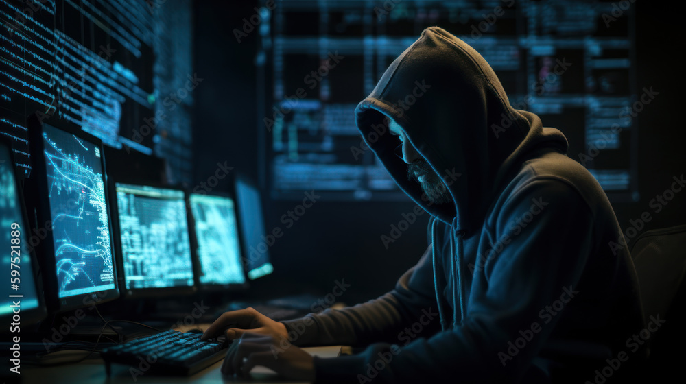 Generative AI hacker in a dark room, surrounded by multiple screens and typing on a keyboard ...