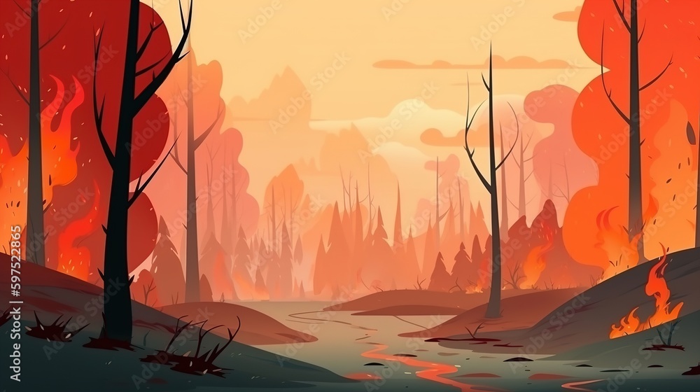 Cartoon forest fire illustration, burning trees. Forest fires, a danger ...