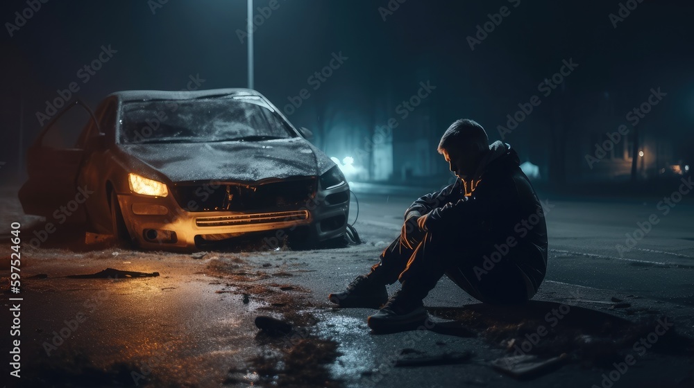 Crying man sitting near wrecked car on road, tragic car accident at ...
