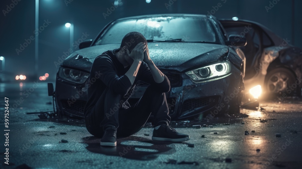 Crying man sitting near wrecked car on road, tragic car accident at ...