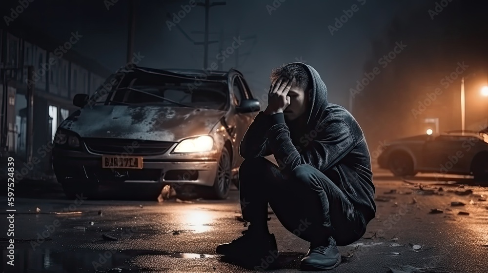 Crying man sitting near wrecked car on road, tragic car accident at ...