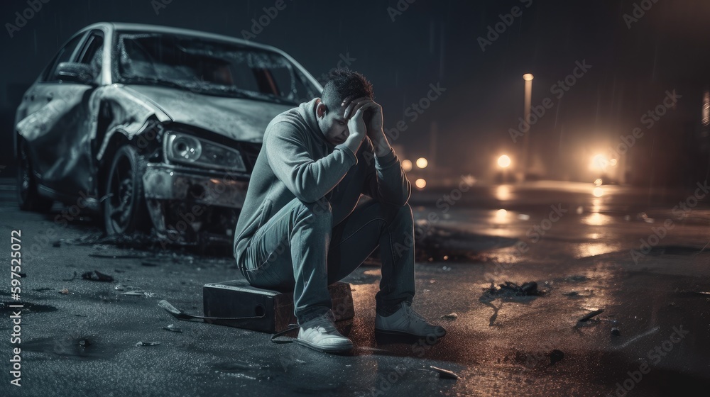 Crying man sitting near wrecked car on road, tragic car accident at ...