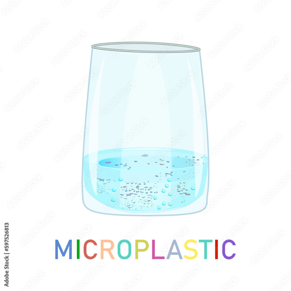 Glass with water and microplastic on white background. Water ...