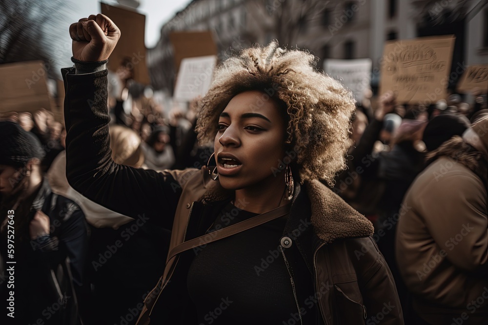 A diverse group of people march in solidarity for equal rights, holding ...