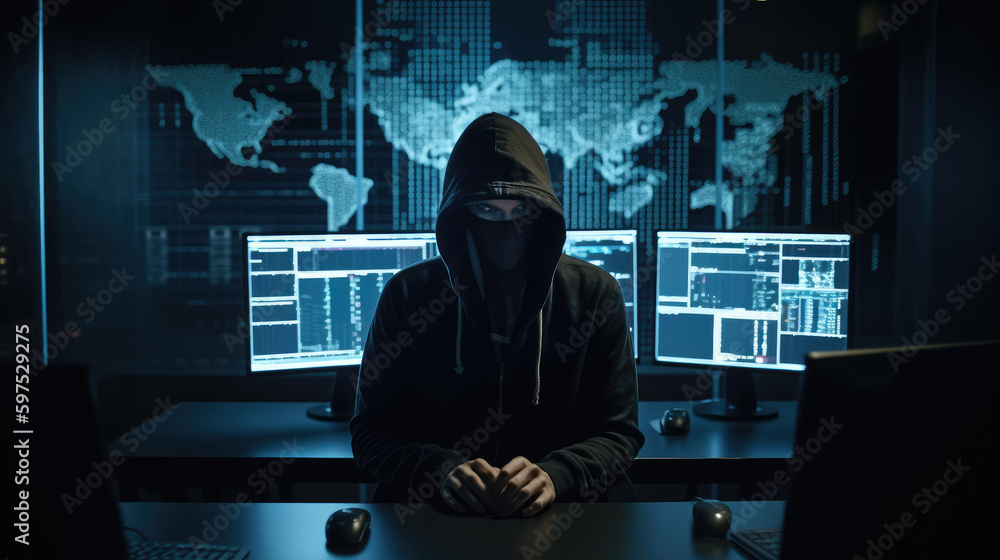Generative AI hacker in a dark room, surrounded by multiple screens and ...