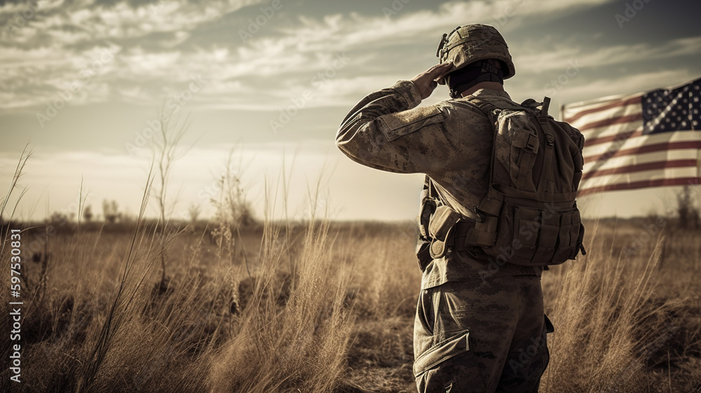 Army Soldier male saluting to American flag, Military uniform, Veterans ...
