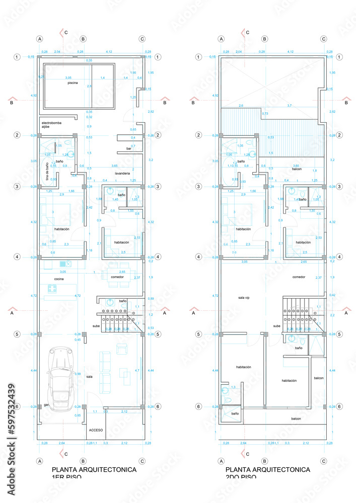 Plano Casa 7x25 de tres pisos con 7 habitaciones y piscina Stock ...