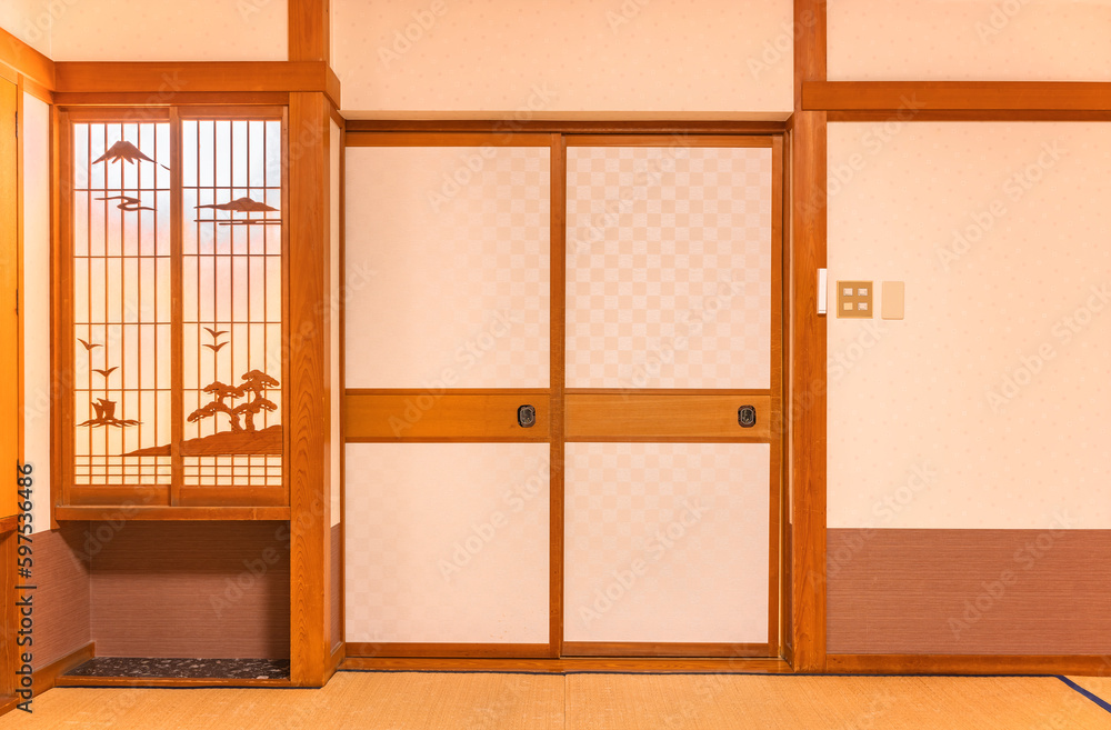 Wall of a typical traditional Japanese room featuring tatami mats ...