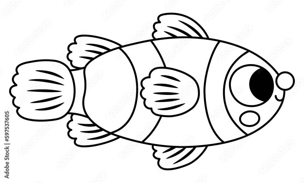 Vector black and white clown fish icon. Under the sea line illustration ...