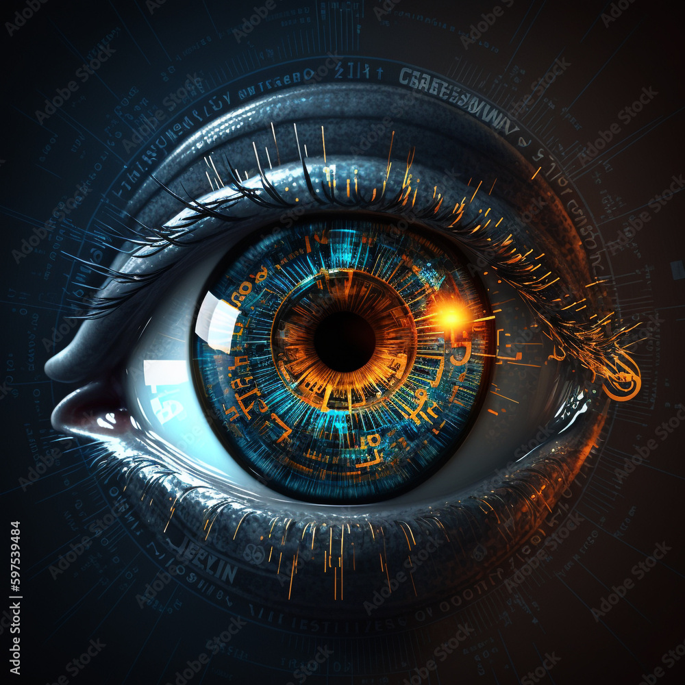 Eye viewing digital information. Conceptual image.biometric scan ...