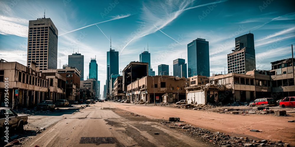 Abandoned broken big city with skyscrapers after a disaster - tornado ...