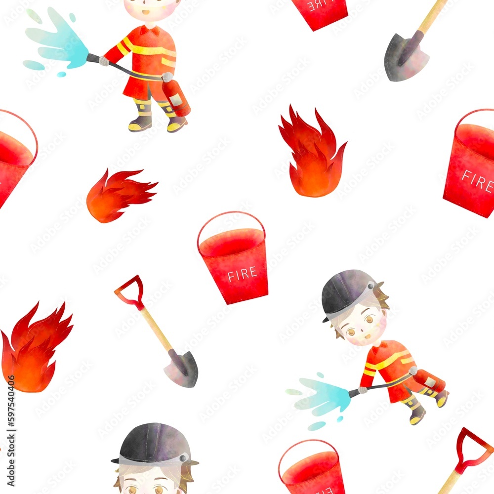 Cute Fireman with Firefighting Equipment on a seamless background. Hand ...