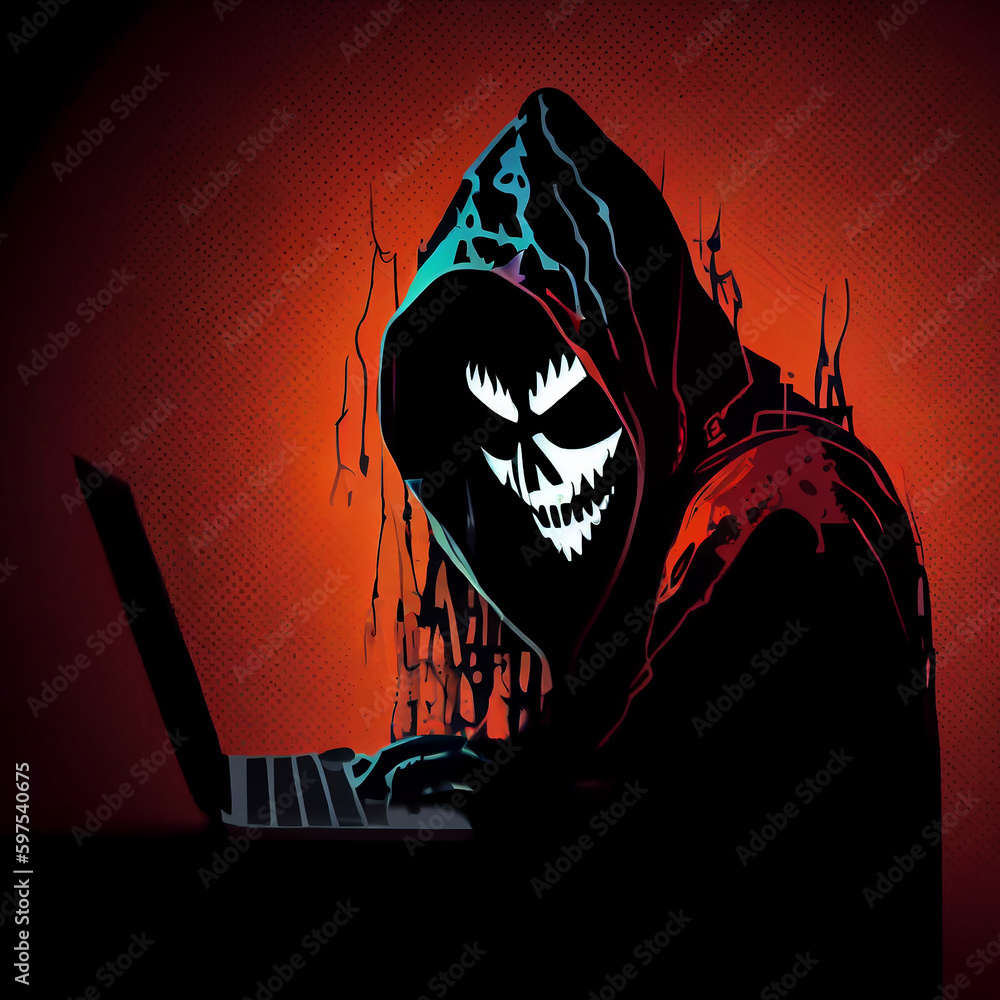 Conceptual image of a computer hacker - a silhouette of a man sitting ...
