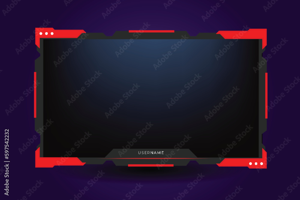 Stream overlay. Dark theme gaming video template with game screen, live ...