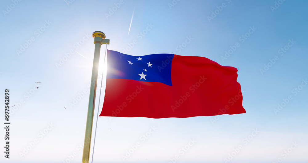 Flag of Samoa flag waving in the wind, sky and sun background. Samoa ...