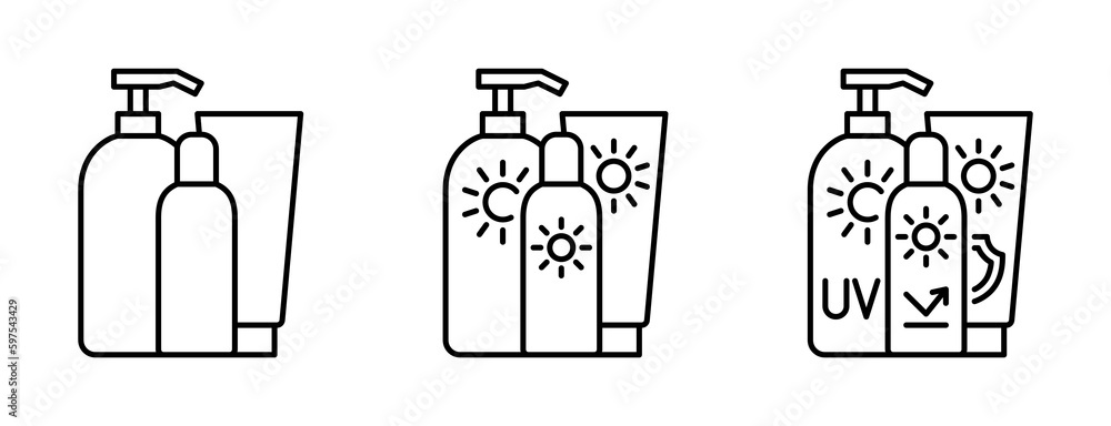 Sunscreen. Sun protection. Three bottles of sunblock cosmetics. Tube ...