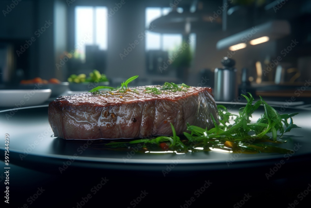 X-ray view of a succulent grilled steak on white plate with modern ...
