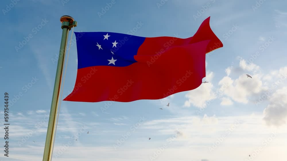 Flag of Samoa waving in the wind, sky and sun background. Samoa Flag ...