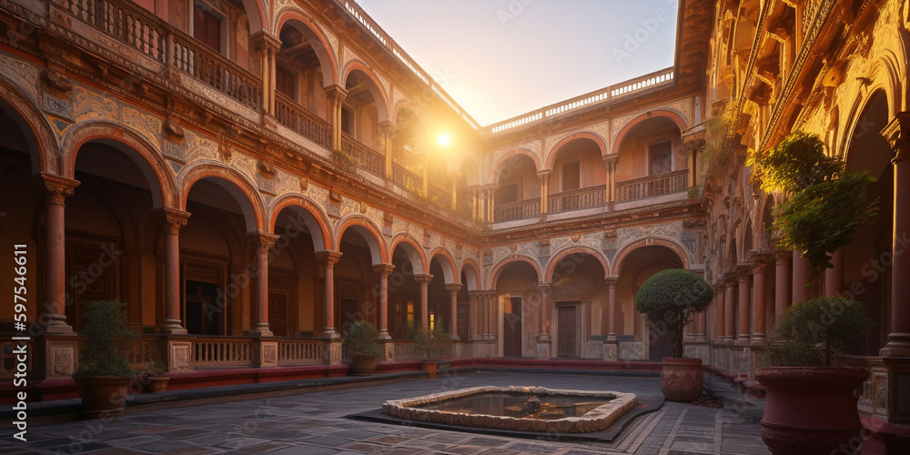 An ancient, ornate palace, with grand courtyards and intricate ...