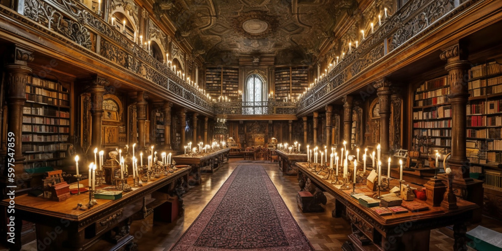 An ancient, sprawling library, with towering bookshelves and ornate ...