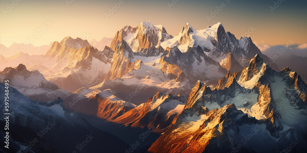 A towering, majestic mountain range, with snow-capped peaks and rugged ...