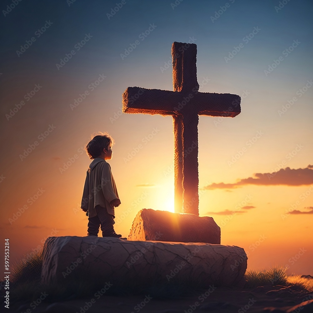A child standing in front of Jesus Christ at cross on sunset background ...