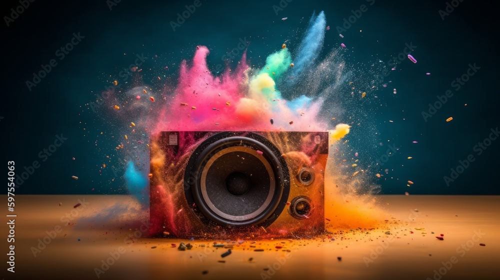 Ultra Detailed Speaker Smart Exploding on Colorful Shiny Background - A ...