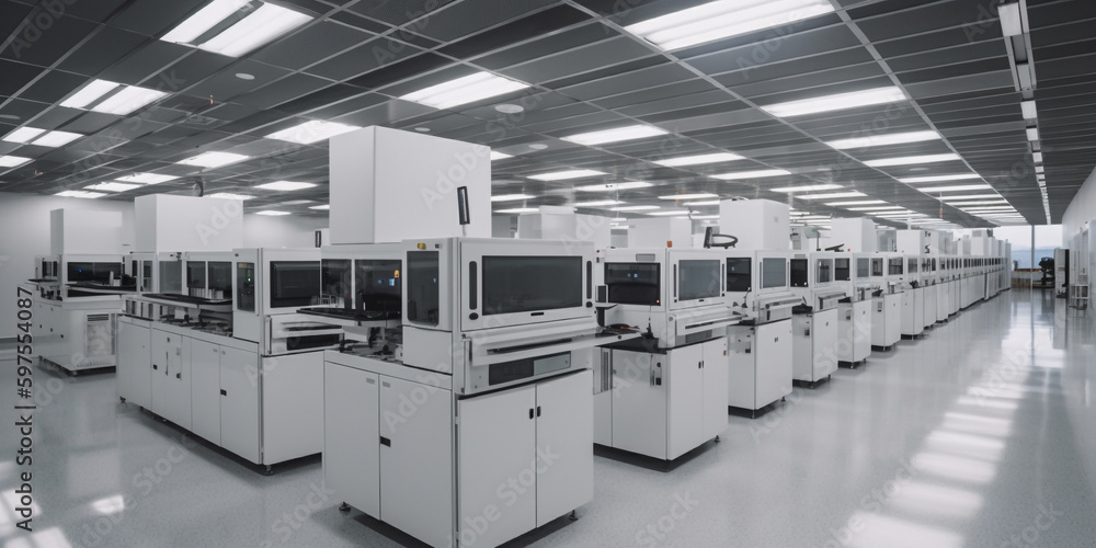 interior of factory and operating room clean room with chip production ...