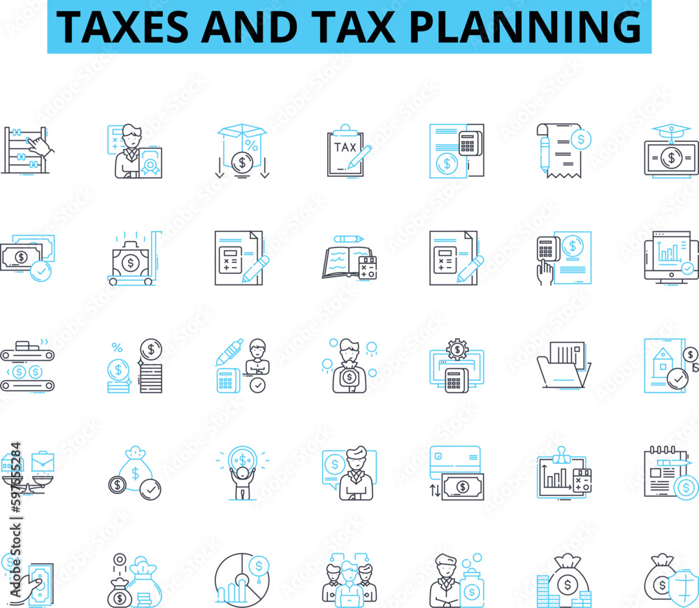 Taxes and tax planning linear icons set. Deductions, Refunds, Returns ...