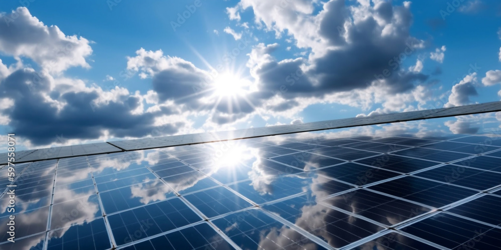 Blue sky with white clouds reflecting off the surface of solar panels ...