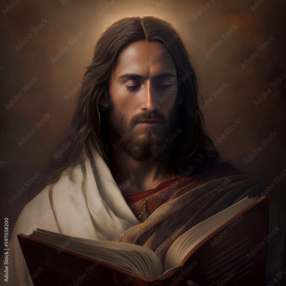 Generative AI Jesus Christ reading from The Book of Life to his ...