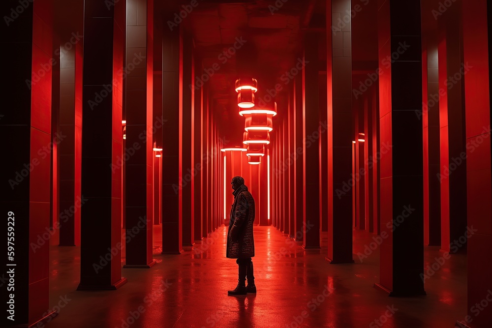 Red corridor with glowing pillars, futuristic modern underground dark ...