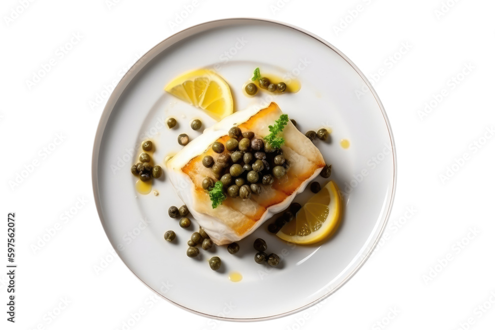 Baked Cod With Lemonnd Capers On White Plate On Isolated Transparent ...