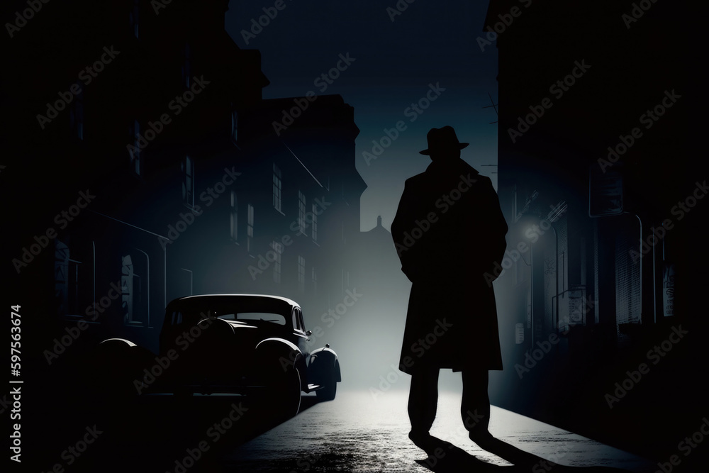 Silhouette of a man in a hat and coat on a night street. Gangster ...