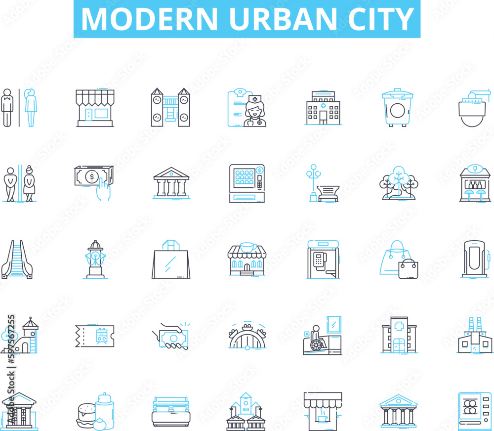 Modern urban city linear icons set. Skyscrapers, Diversity, Traffic ...