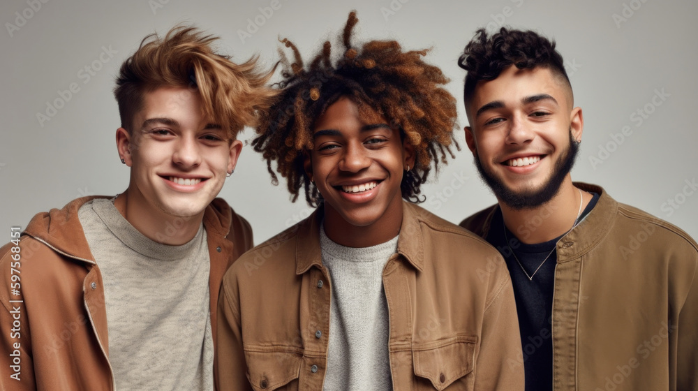 Three diverse and stylish young men stand side-by-side, smiling with ...