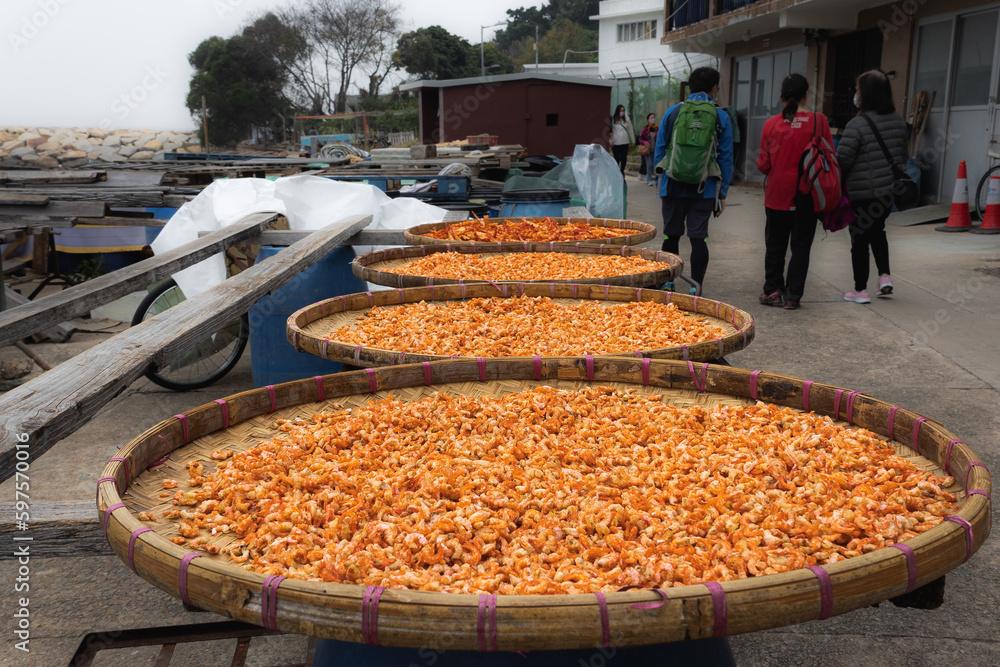 Shrimp drying in the sun in to be made into a traditional, Hong Kong ...